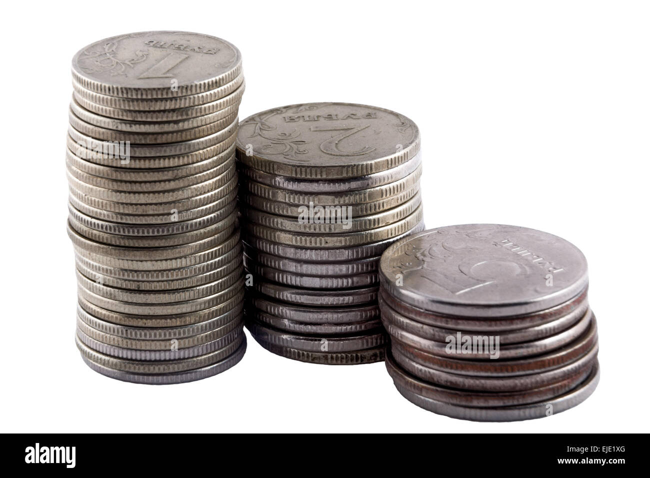 three white stack of coins on white background Stock Photo - Alamy