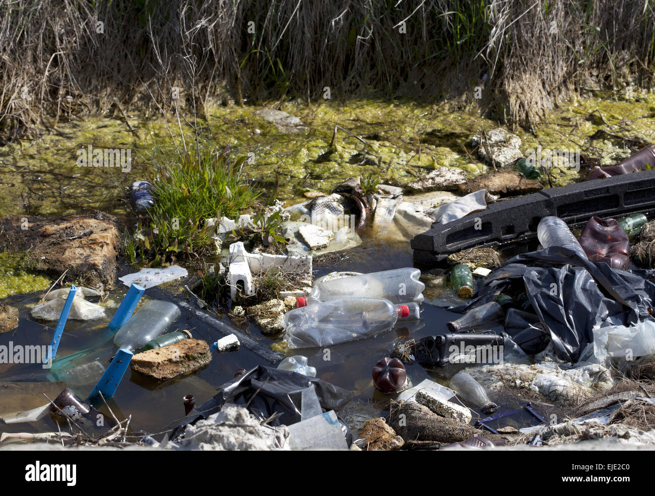 Plastic bottles and rest of a dump in a river Stock Photo - Alamy
