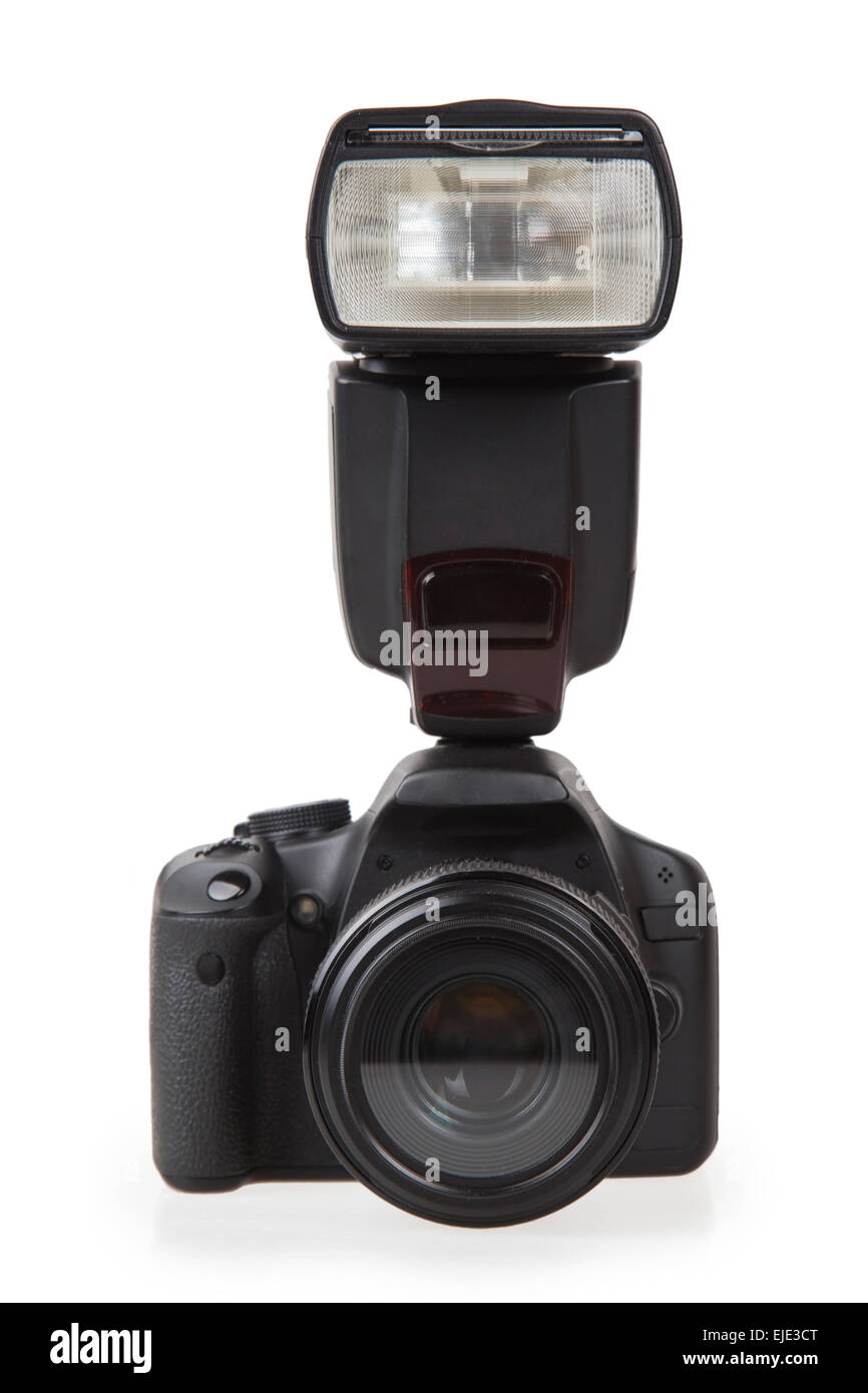 Photo camera and flash isolated on white background Stock Photo - Alamy
