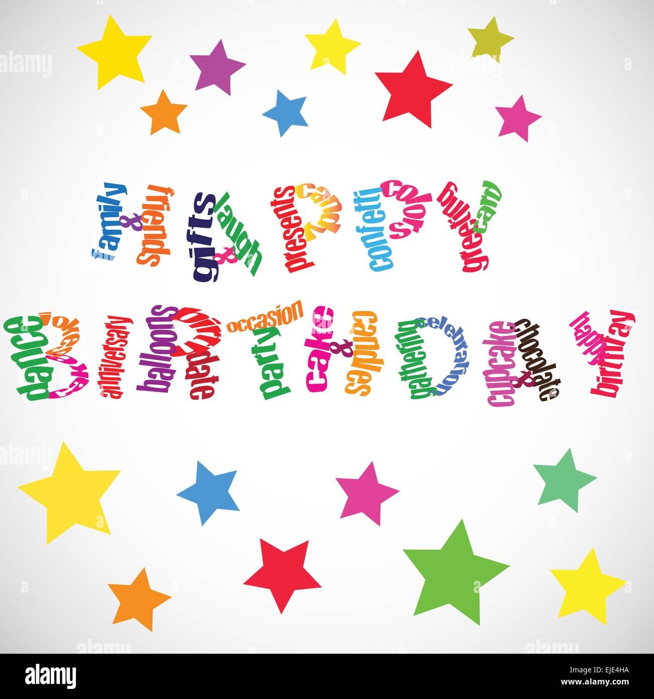 Happy birthday vector text with many related words and colored stars ...