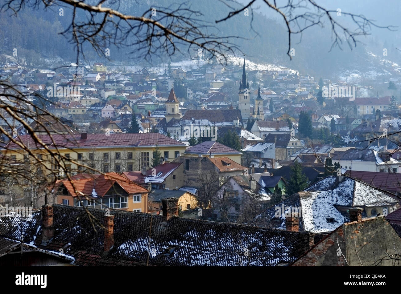 Winter scene with Schei district in the old town of Brasov city in ...