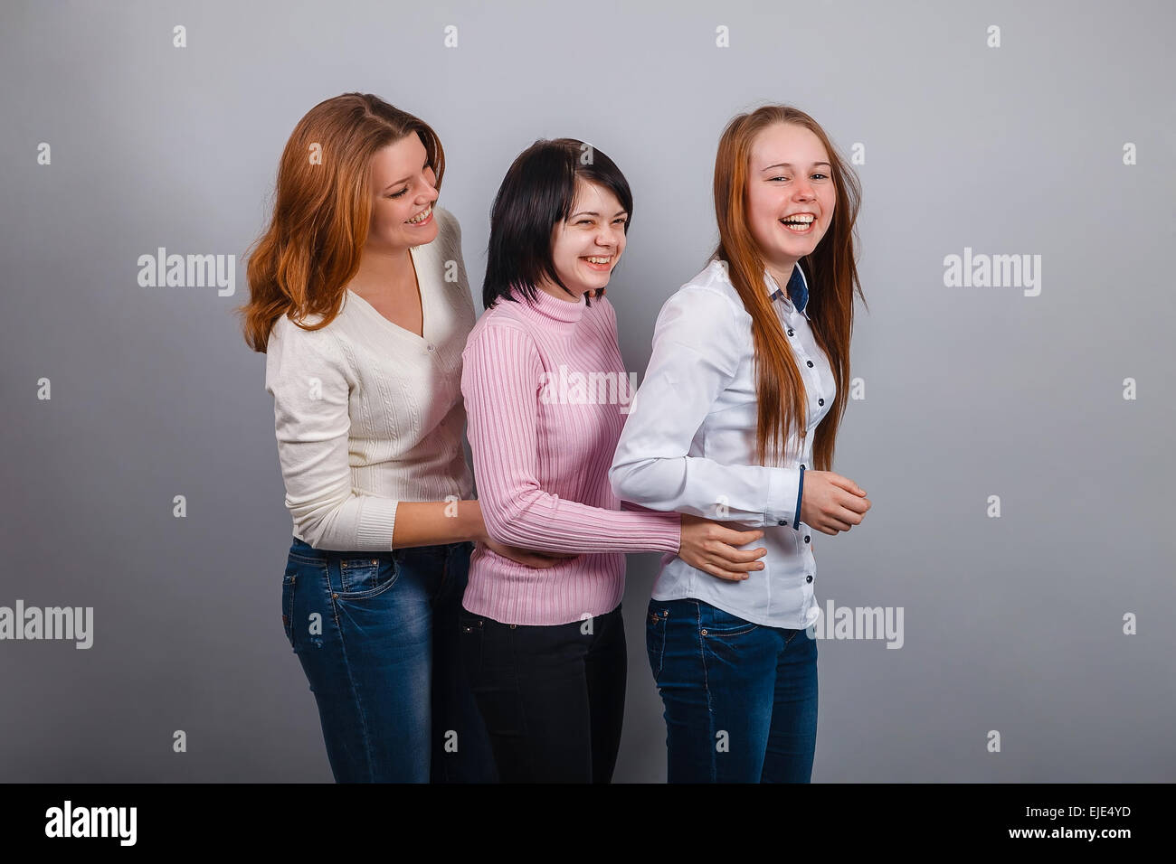Three girls woman girlfriends hugging joy happiness friendship on a ...