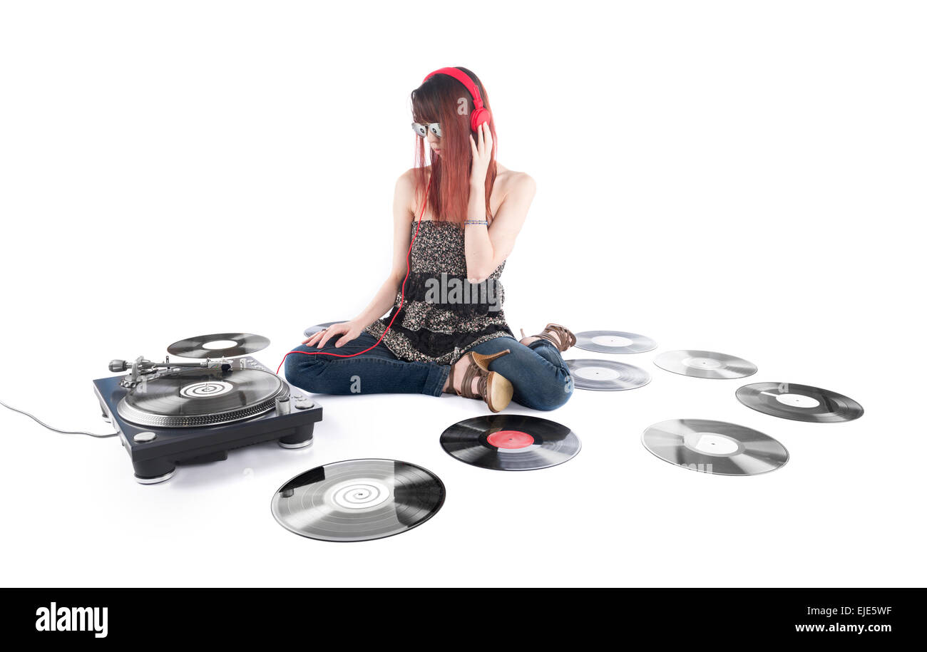Sitting Woman with Vinyl Turntable and Records Stock Photo - Alamy