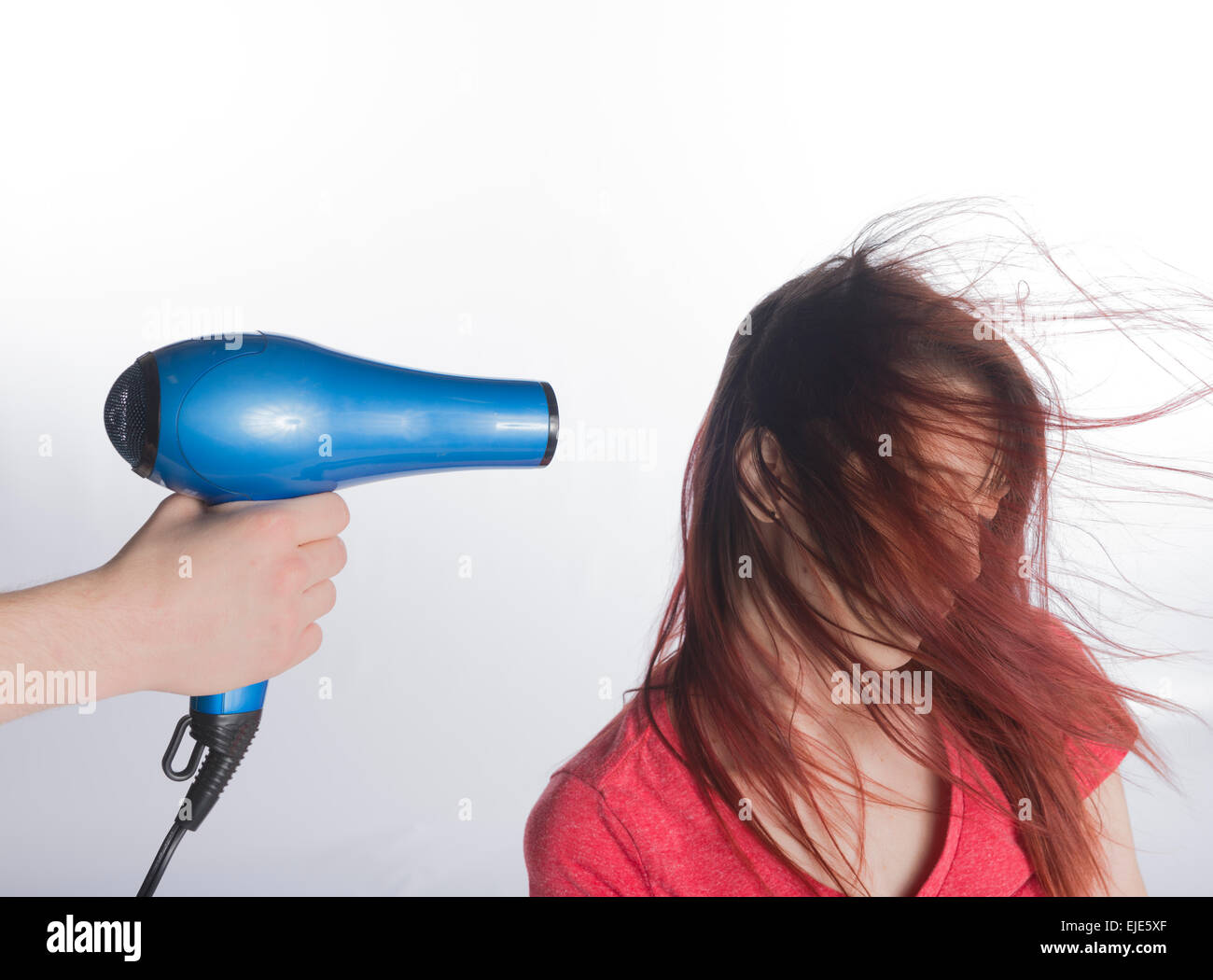 Hand with Blow Dyer Drying Long Hair of a Woman Stock Photo - Alamy