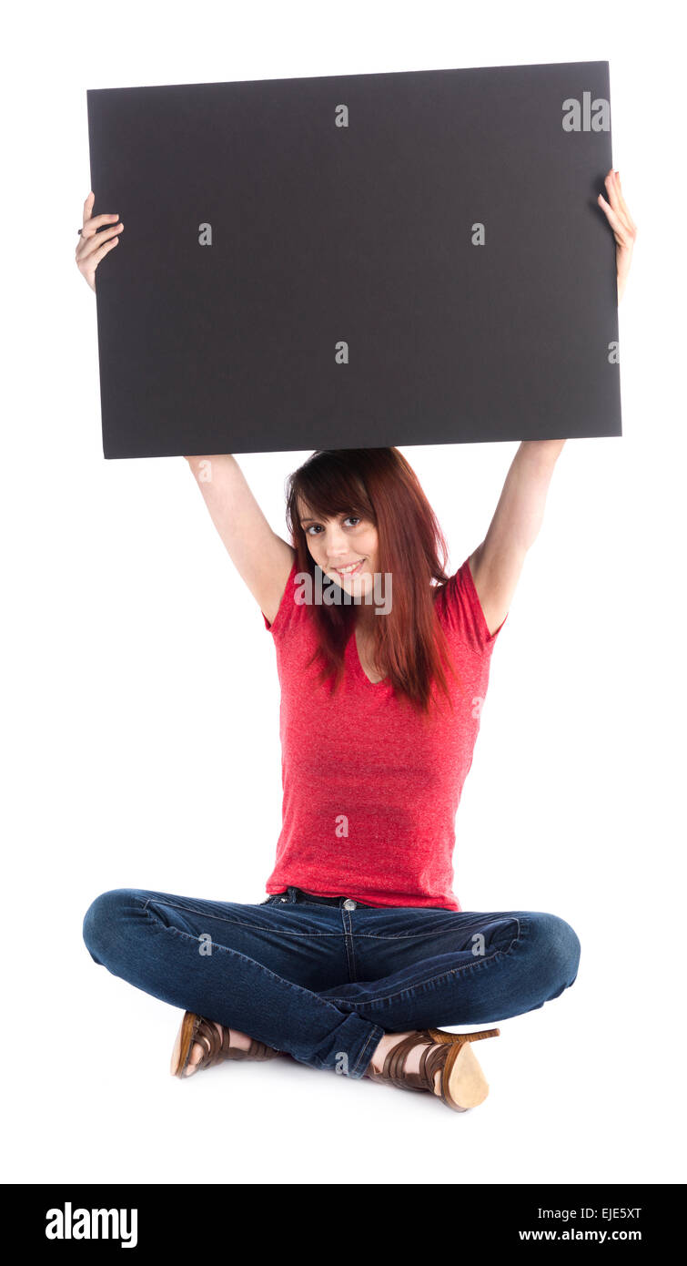 Sitting Young Woman Raising Empty Black Cardboard Stock Photo - Alamy