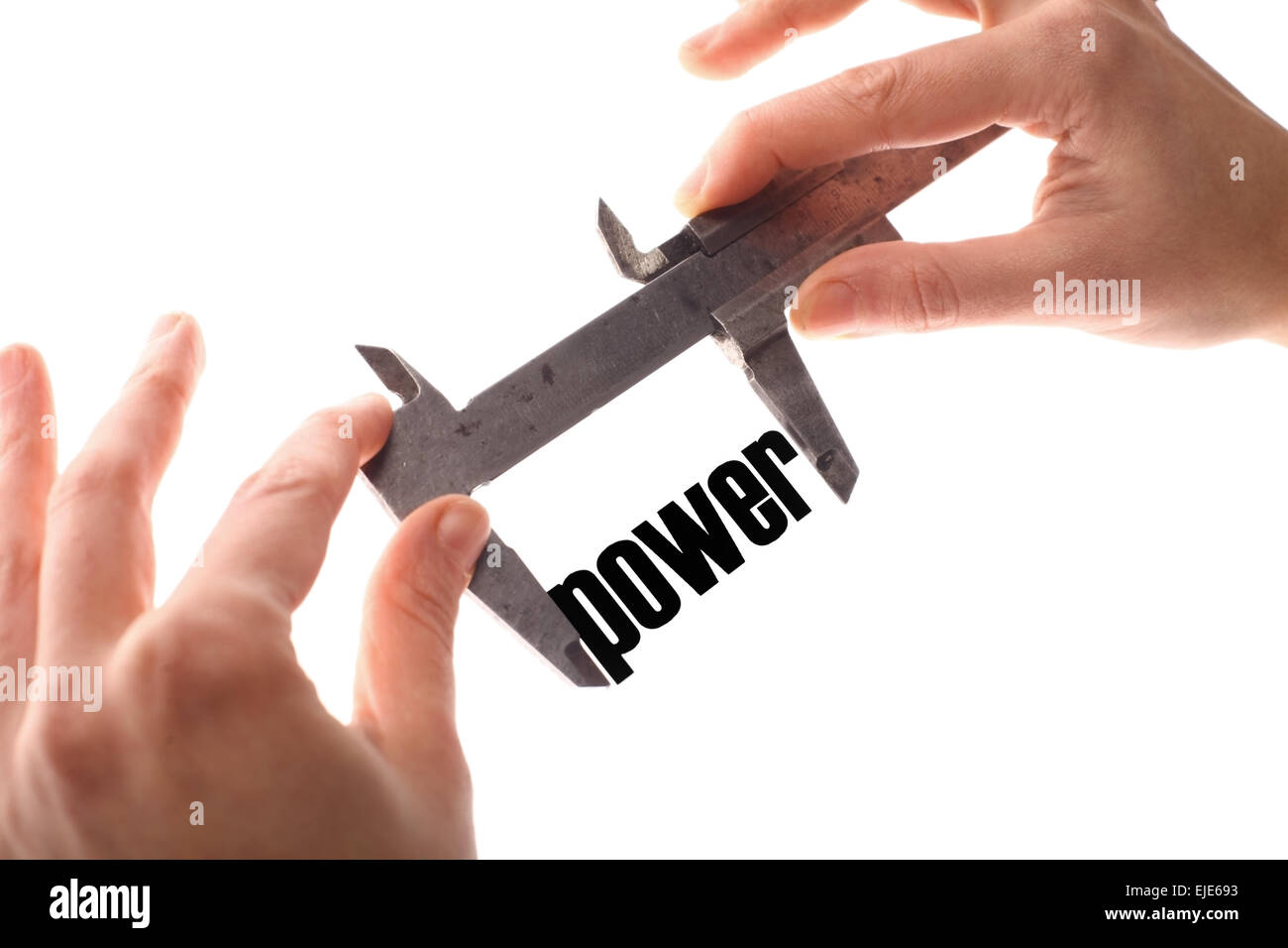 Color horizontal shot of two hands holding a caliper measuring the word ...