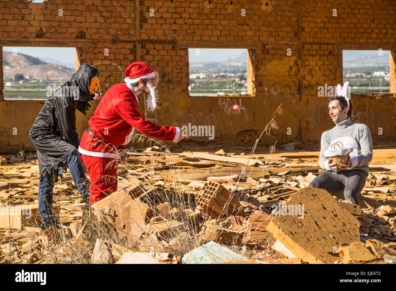 Santa and the Halloween Monster throwing eggs into the bunny basket ...