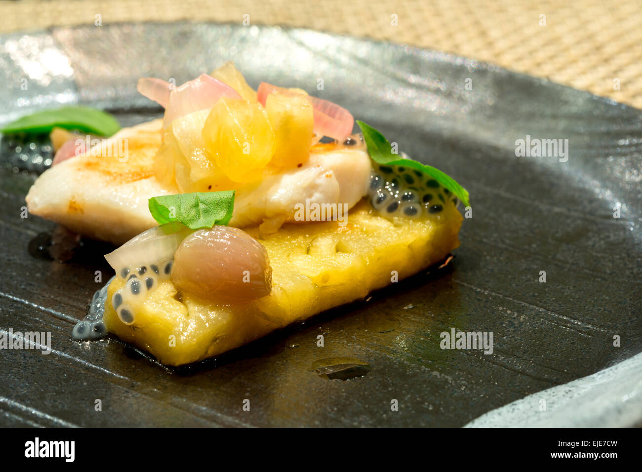 Japanese black cod steak with caramelized pinapple Stock Photo - Alamy