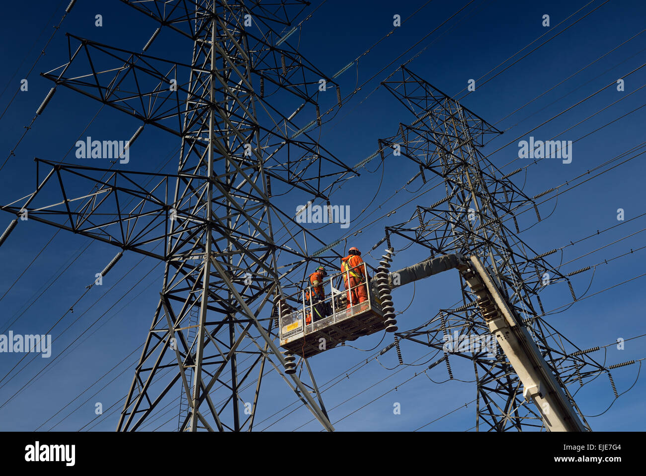 Hydro linemen on boom lift removing old suspension insulators on high ...