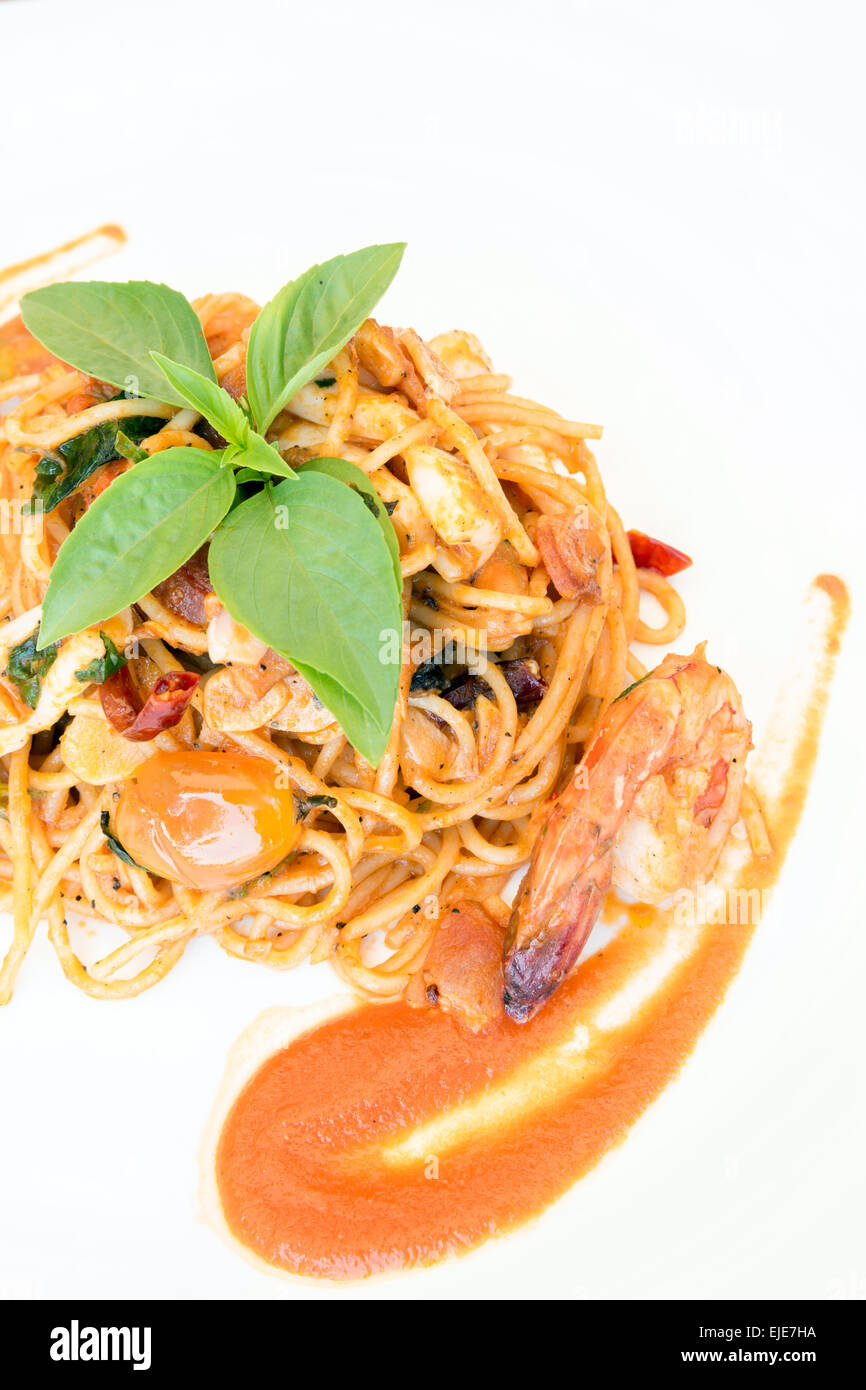 Seafood Spaghetti with tiger prawn meal cuisine Stock Photo - Alamy