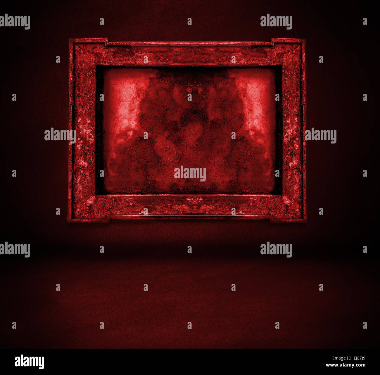 dark red bloody wall with frame and floor interior background Stock ...