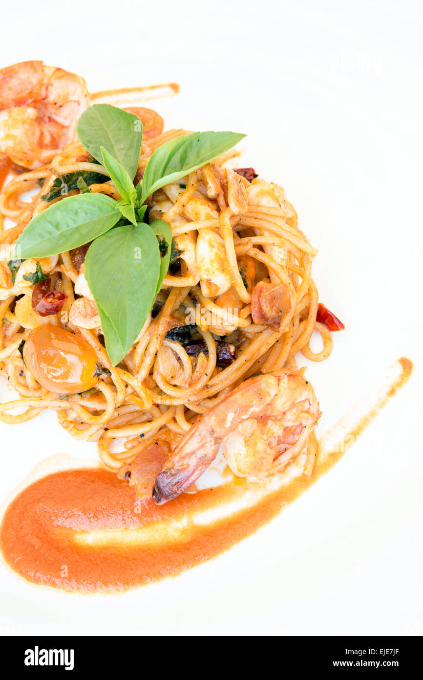 Seafood Spaghetti with tiger prawn meal cuisine Stock Photo - Alamy