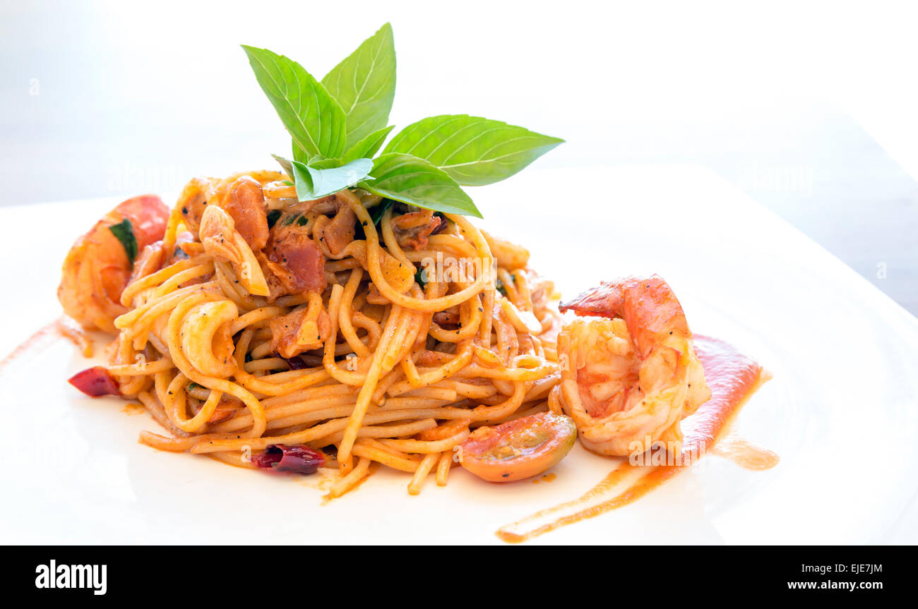 Seafood Spaghetti with tiger prawn meal cuisine Stock Photo - Alamy