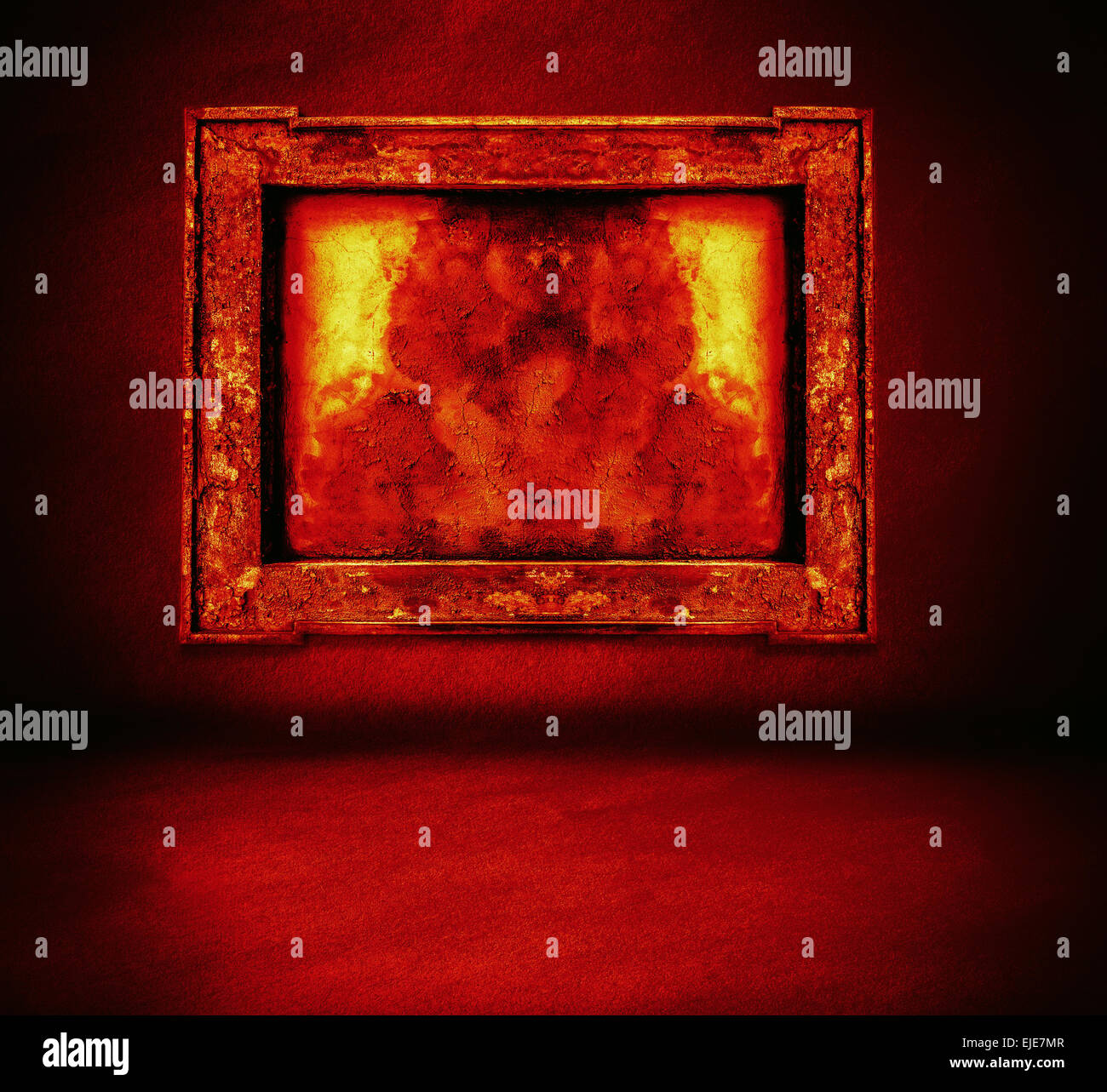 dark fire wall with frame and floor interior background Stock Photo - Alamy