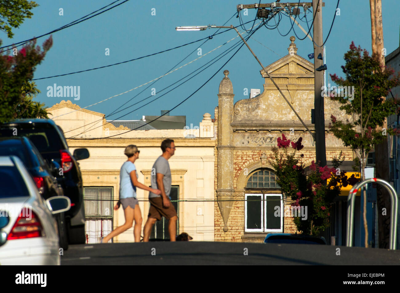 Street scene with pedestrians and period houses, Fitzroy, Victoria ...