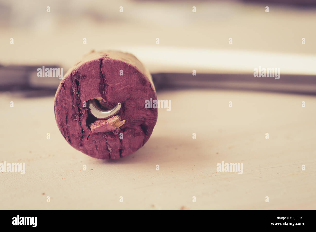 Cork from red wine with a protruding tip of the steel corkscrew. Pastel ...