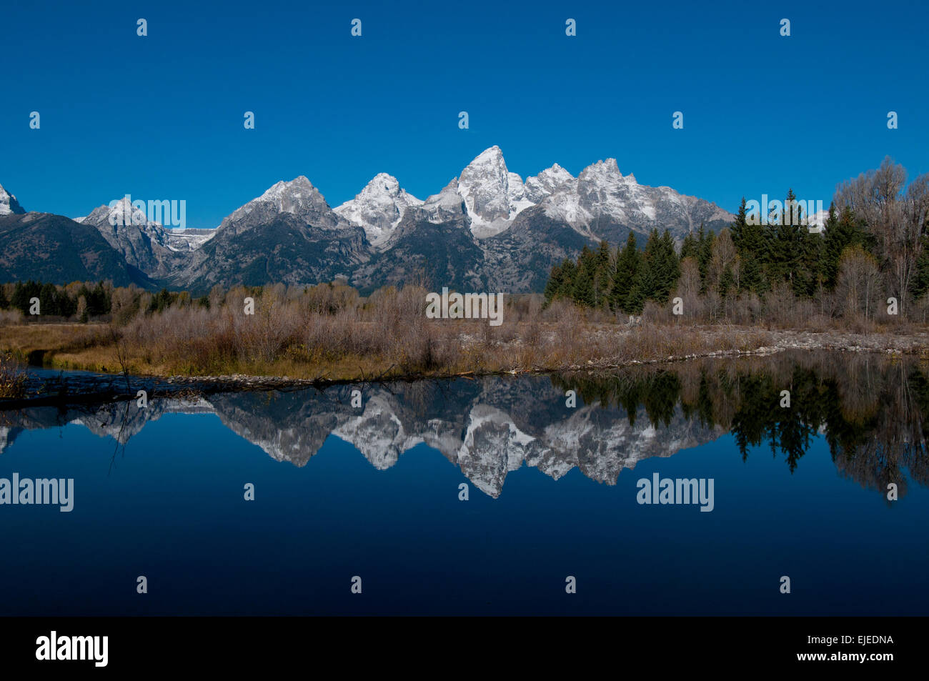 Teton Mountains covered in fresh snow in autumn reflected in pond in ...