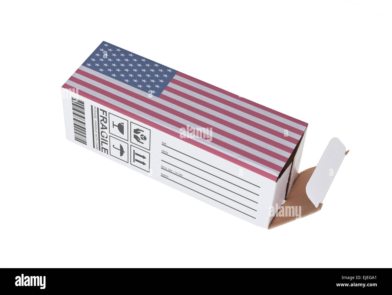 Concept of export, opened paper box - Product of the USA Stock Photo ...