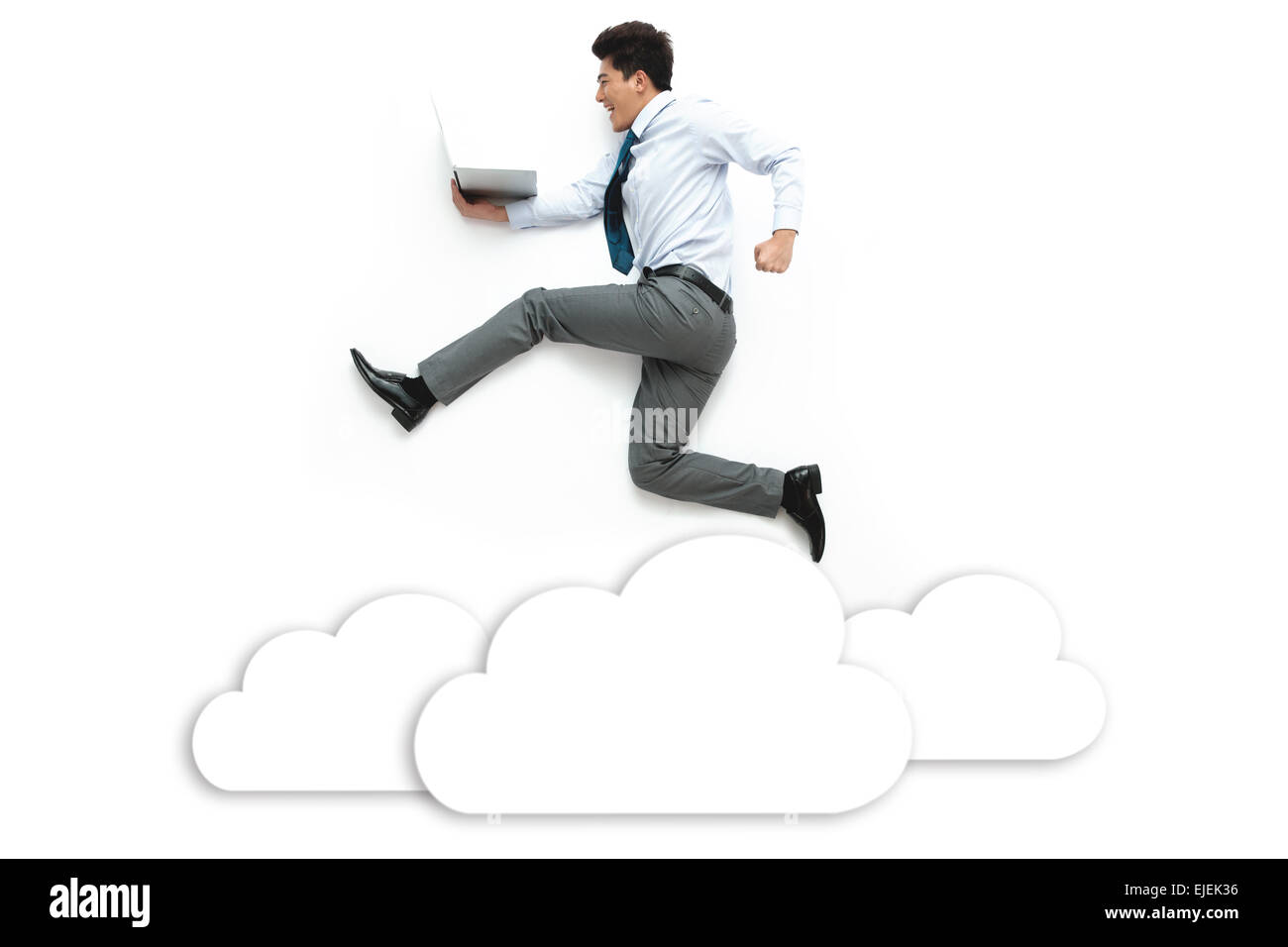 Business men holding laptop running on a white background Stock Photo ...