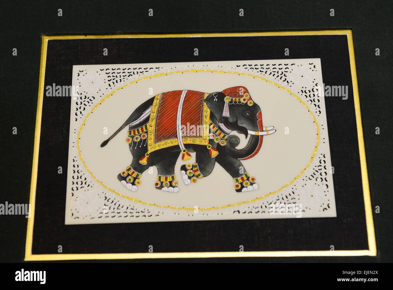 India, Rajasthan, Jaipur, miniature representing an elephant painted on ...
