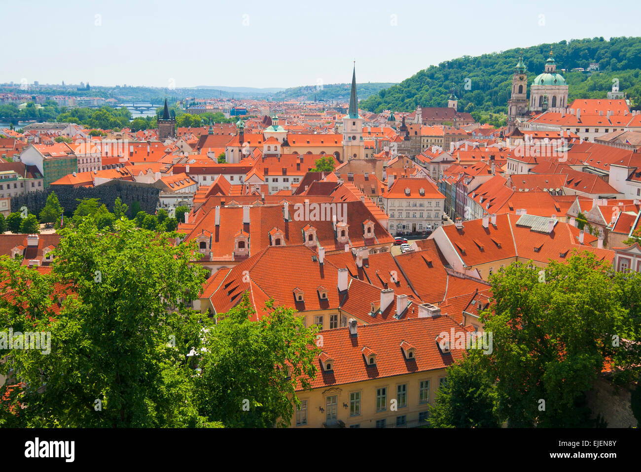 Prague panorama with sityscape of gothic and baroque churches, red ...