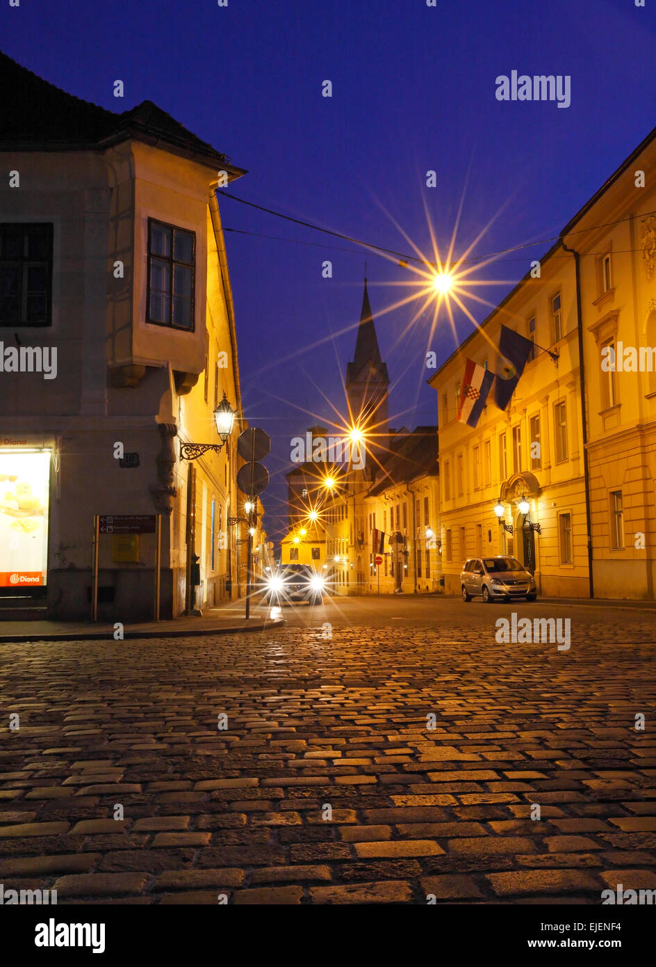 Zagreb, night. Upper town with Lotrscak tower on the back Stock Photo ...