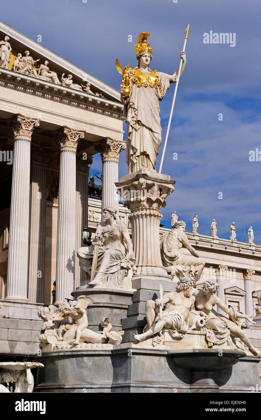 Water fountain with Athena statue in front of the Parliament, Vienna ...
