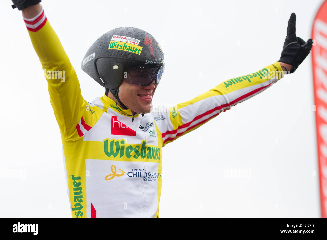 Christoph Strasser after crossing the finish line at his 24h world ...