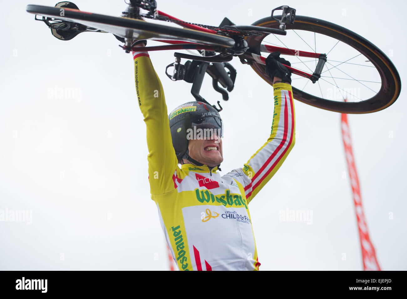 Christoph Strasser after crossing the finish line at his 24h world ...