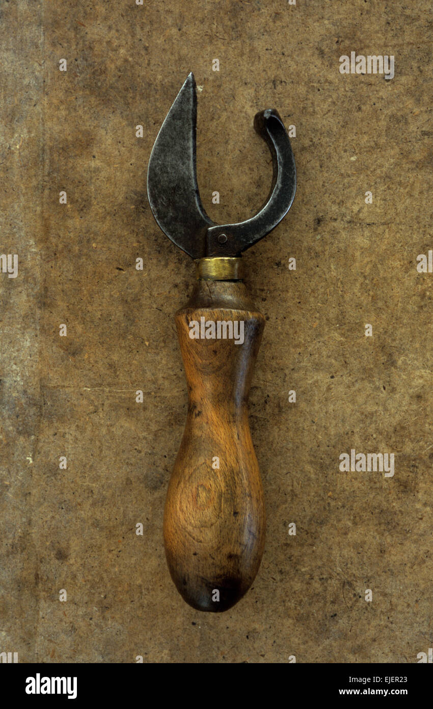 Vintage tin-opener with chunky wooden handle and thick metal blade on ...