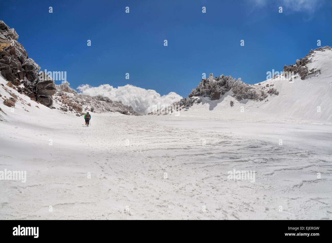 Hikers ascending on the slopes of Sabalan volcano in northern Iran ...