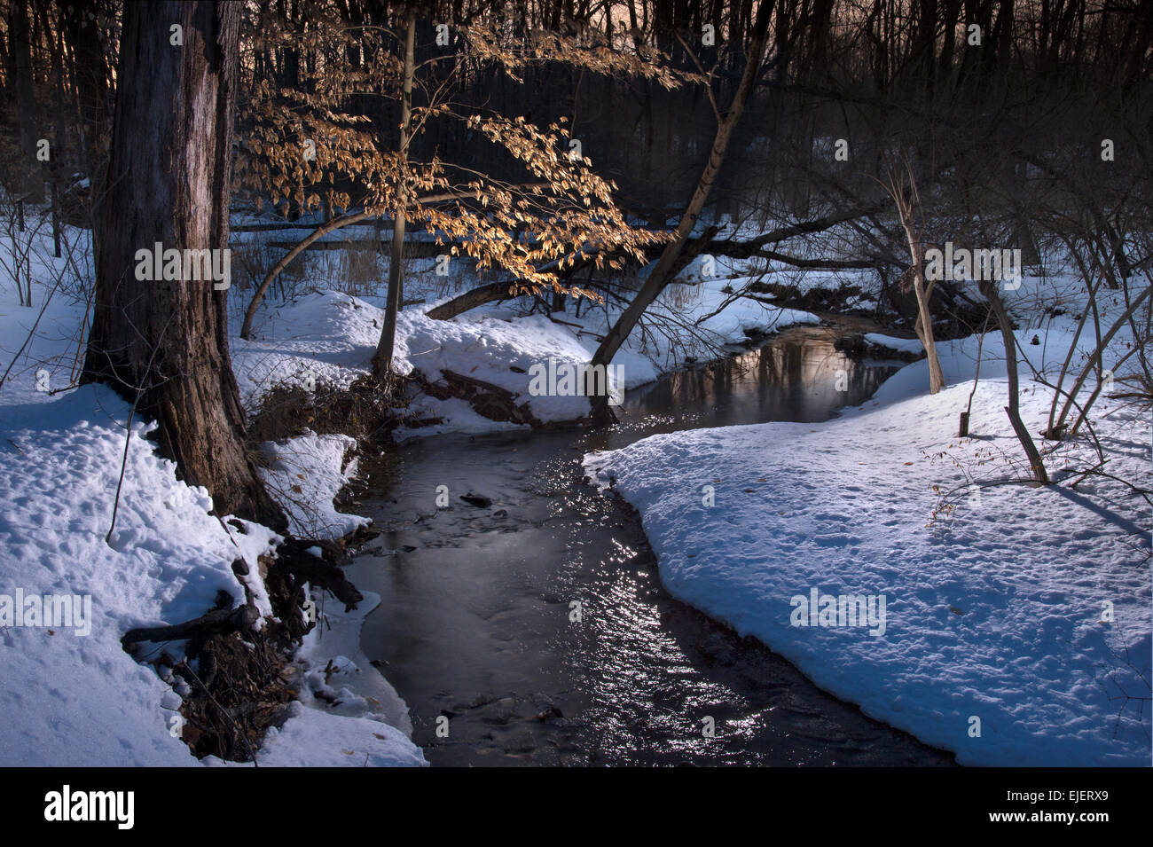 Winter Stream With Snow At Night Stock Photo - Alamy