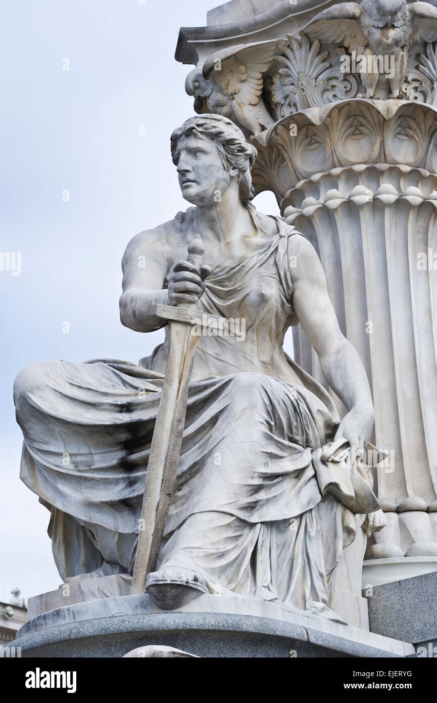 White marble sculpture from the Pallas Athena water fountain in front ...