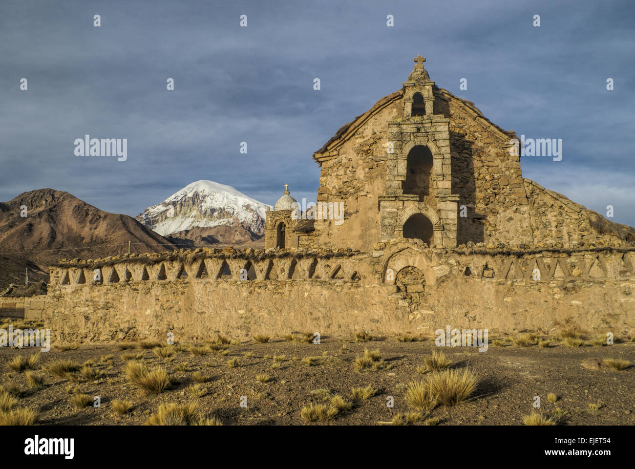 Nevado Sajama, highest peak in Bolivia behing an old church in Sajama ...