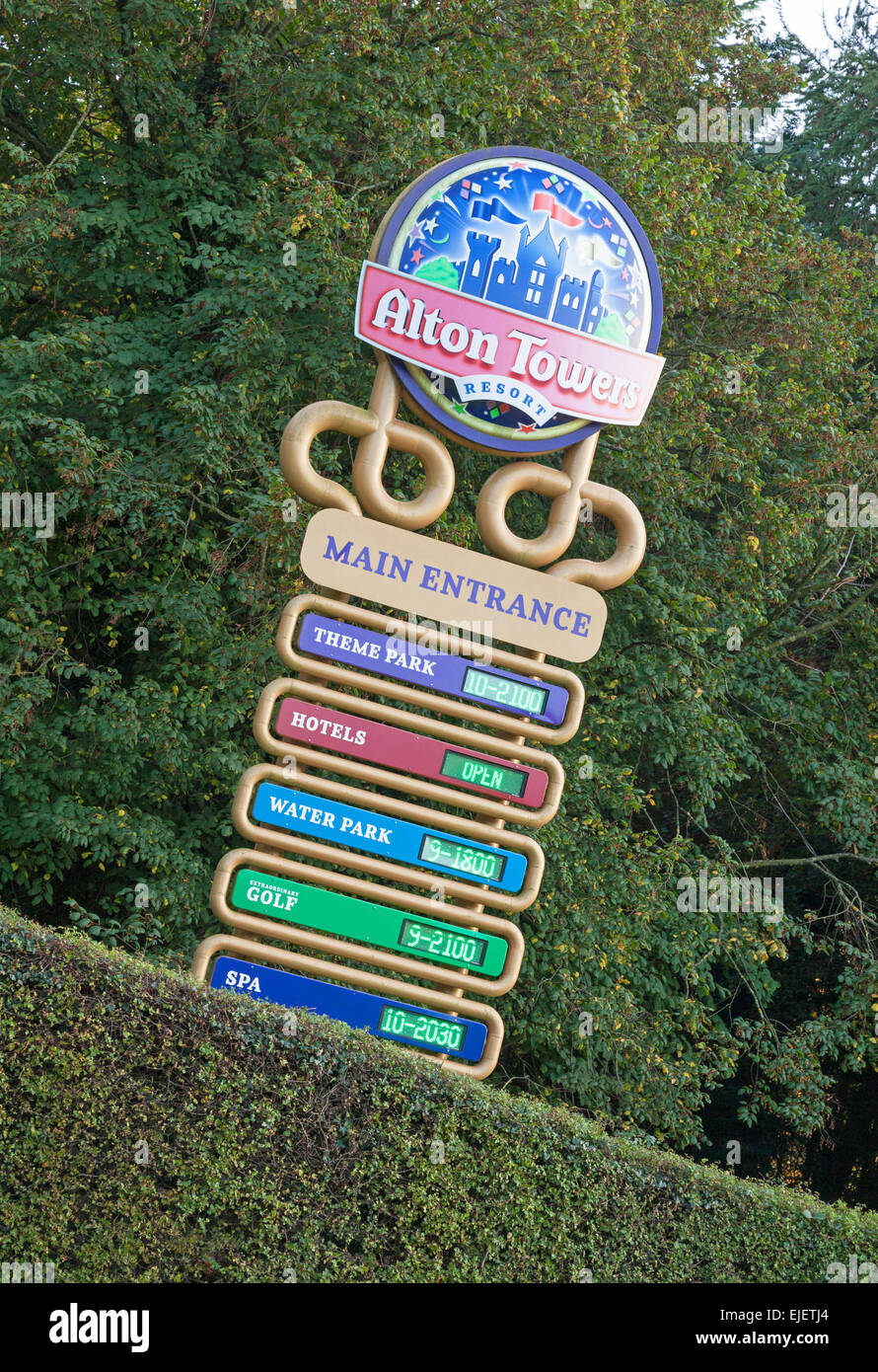 A sign board at the entrance to Alton Towers theme park or leisure park ...