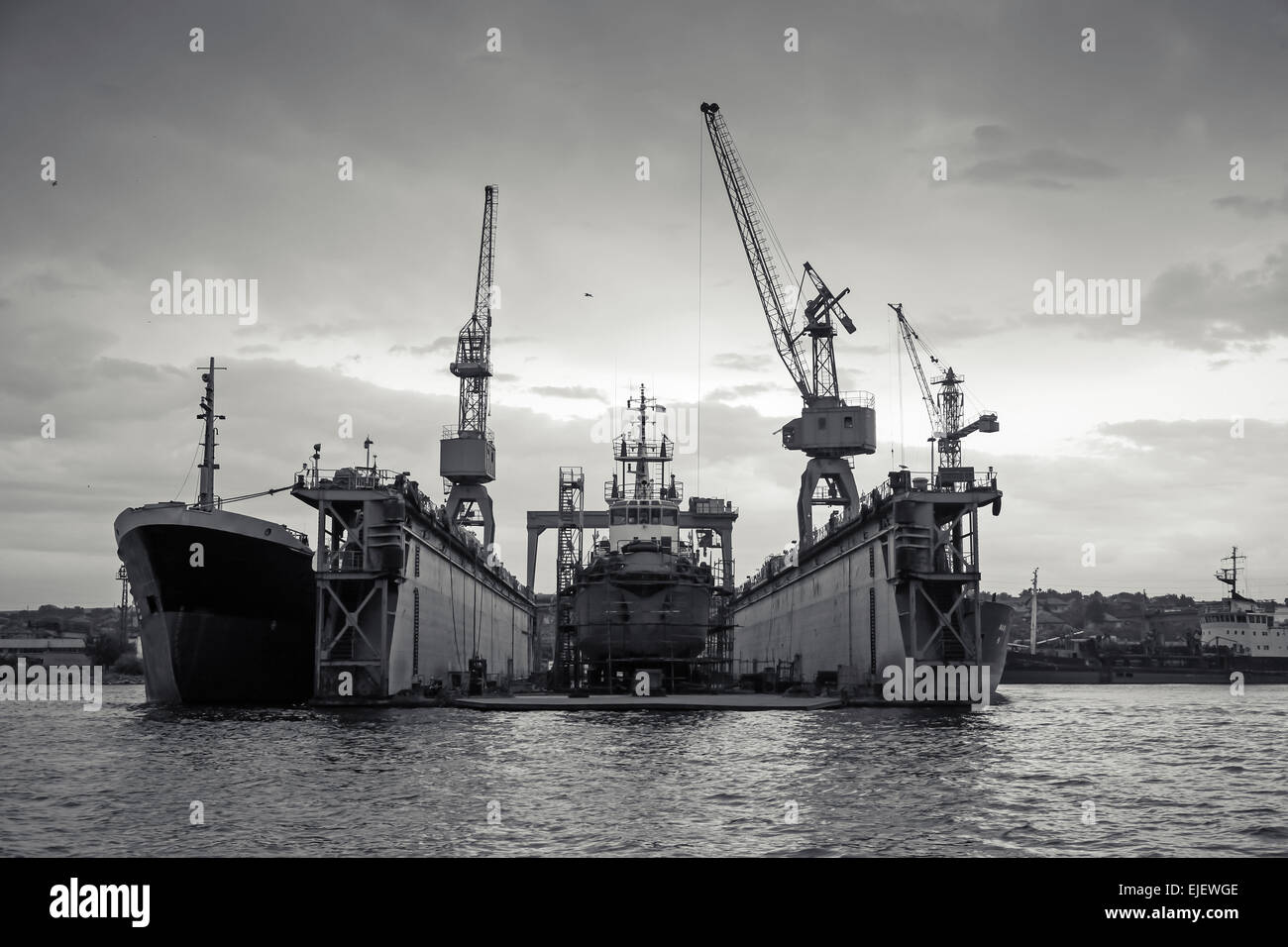 Floating dry dock with old ship under repair inside, retro stylized ...