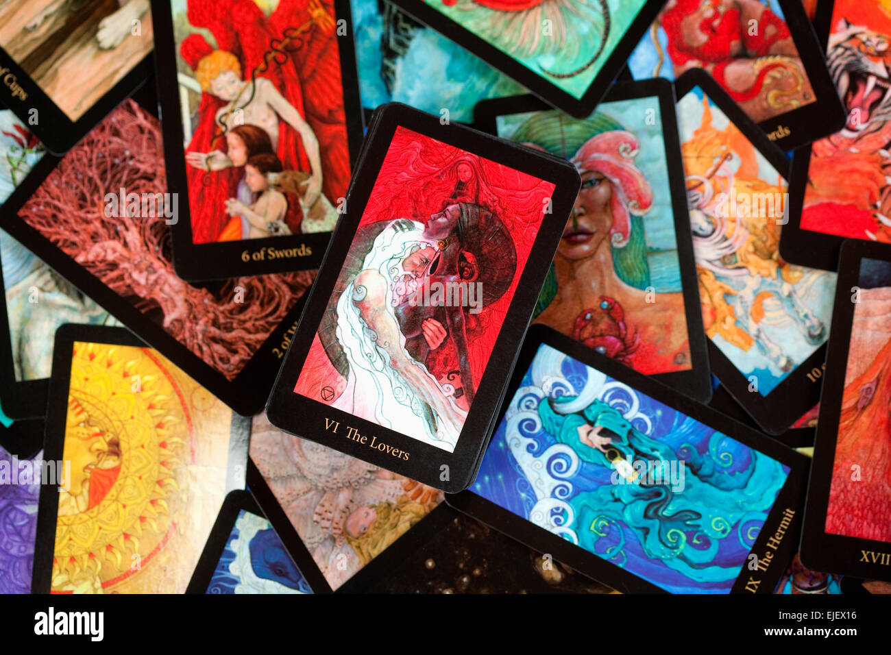 Tarot Cards - Central Card in Focus - rest out of focus Stock Photo - Alamy