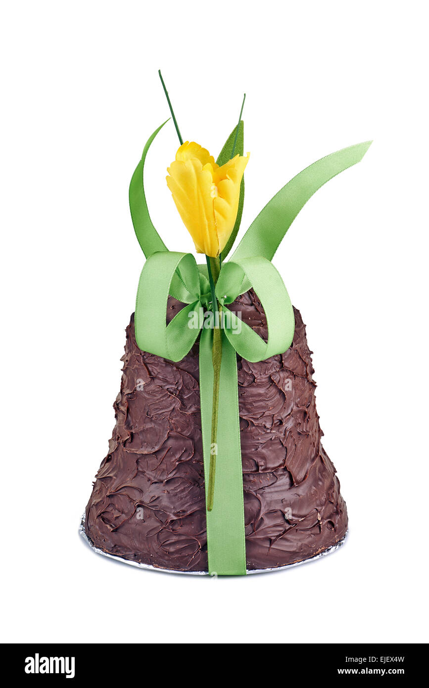 Easter bell in chocolate with ribbon and flower isolated on white Stock ...
