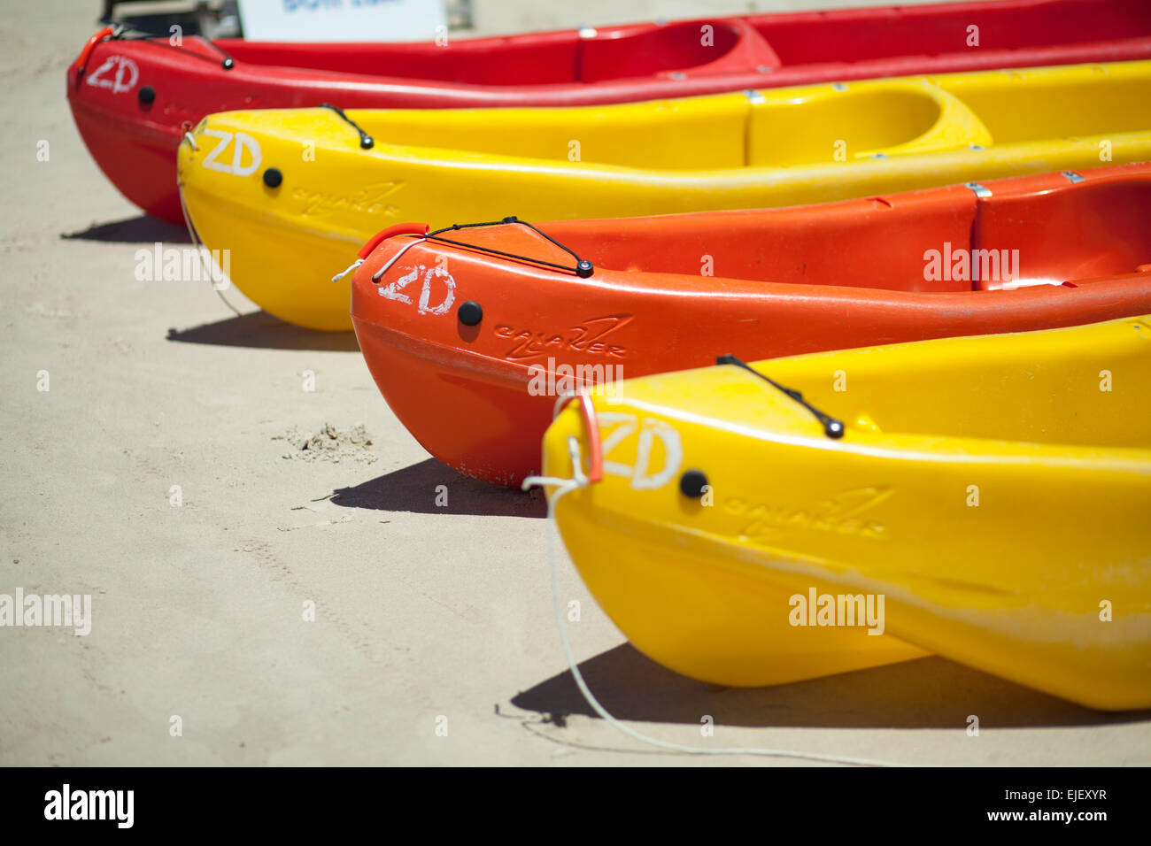 row of colorful plastic boats on a sunny beach in Brazil Bahia Morro ...