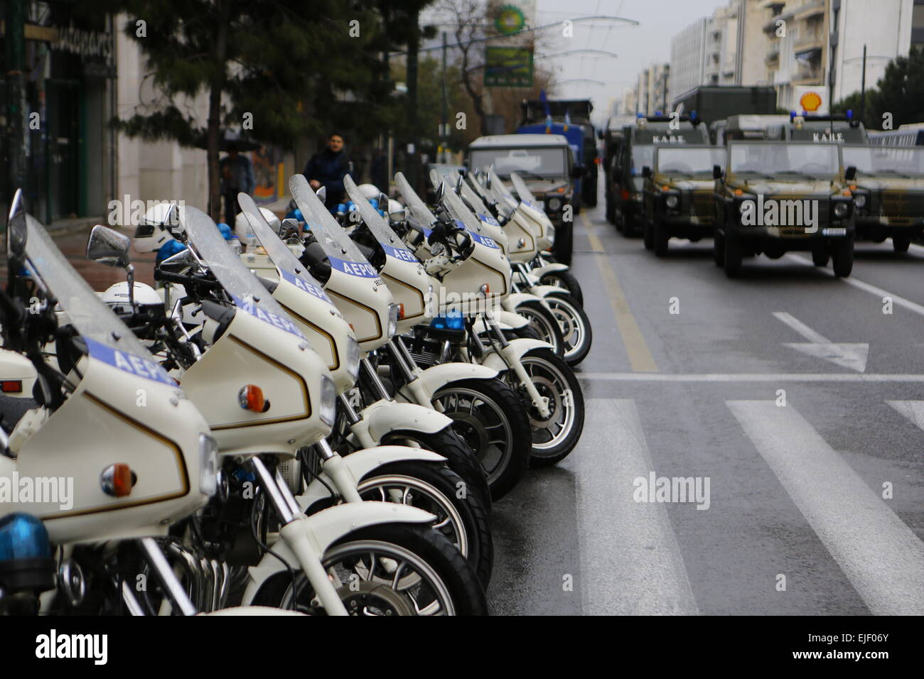 Athens, Greece. 25th Mar, 2015. A row of police motorcycles is lined up ...