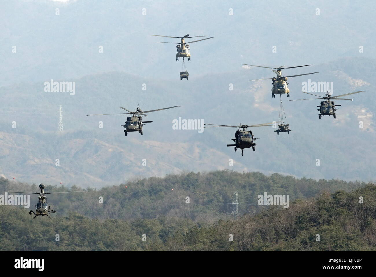 (150325) -- POCHEON, March 25, 2015 (Xinhua) -- Armored helicopters ...