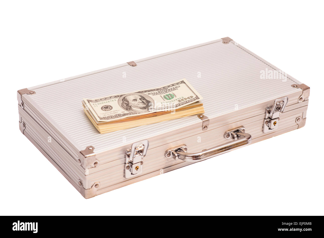 Silver case with dollars on white background Stock Photo - Alamy