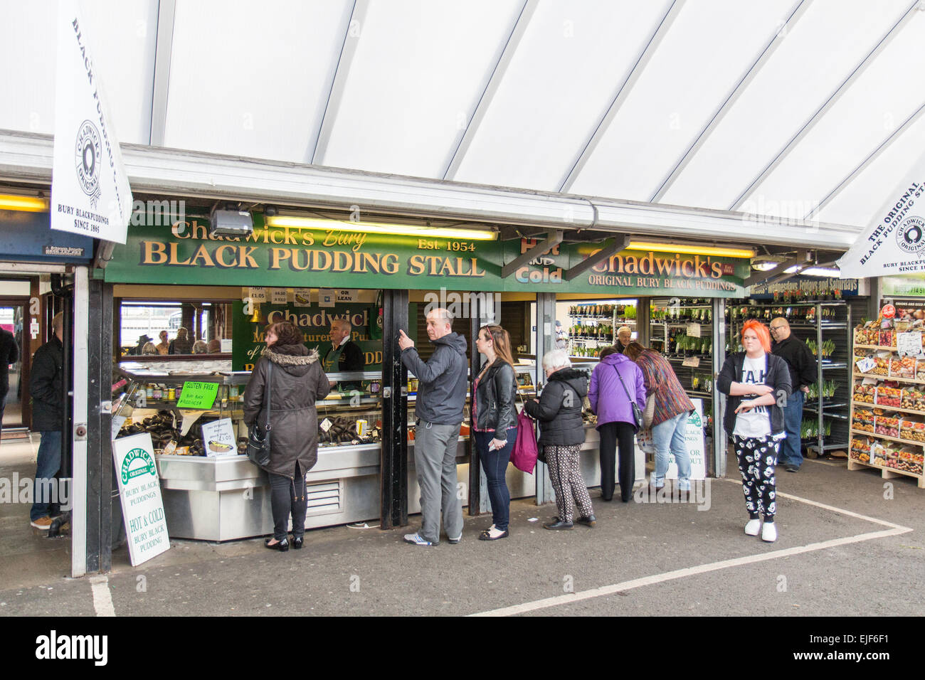 Bury Market day and a black pudding stall at Bury in Greater Manchester ...