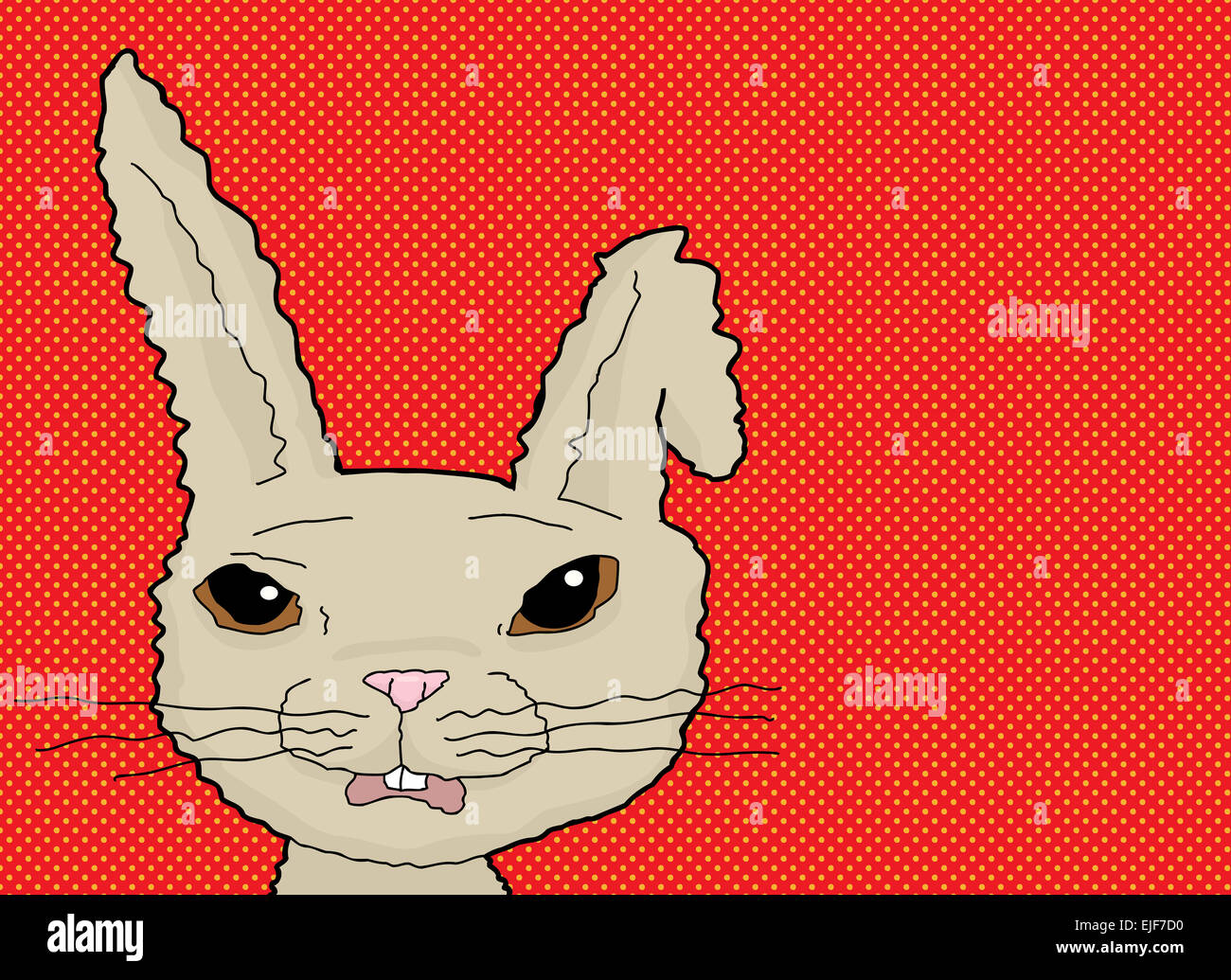 Scared cartoon rabbit with bent ear over red background Stock Photo - Alamy