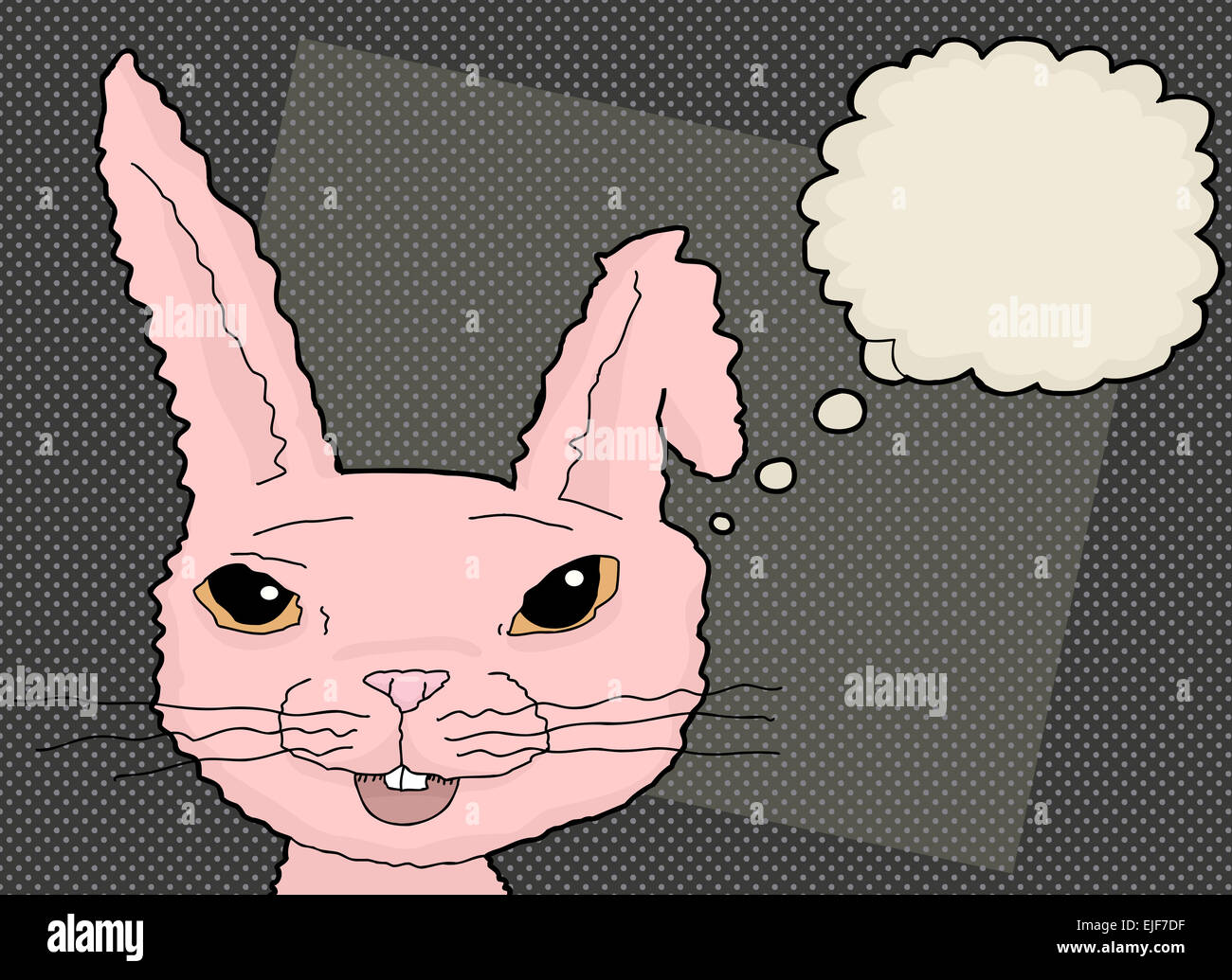 Pink fuzzy cartoon rabbit with thought bubble Stock Photo - Alamy