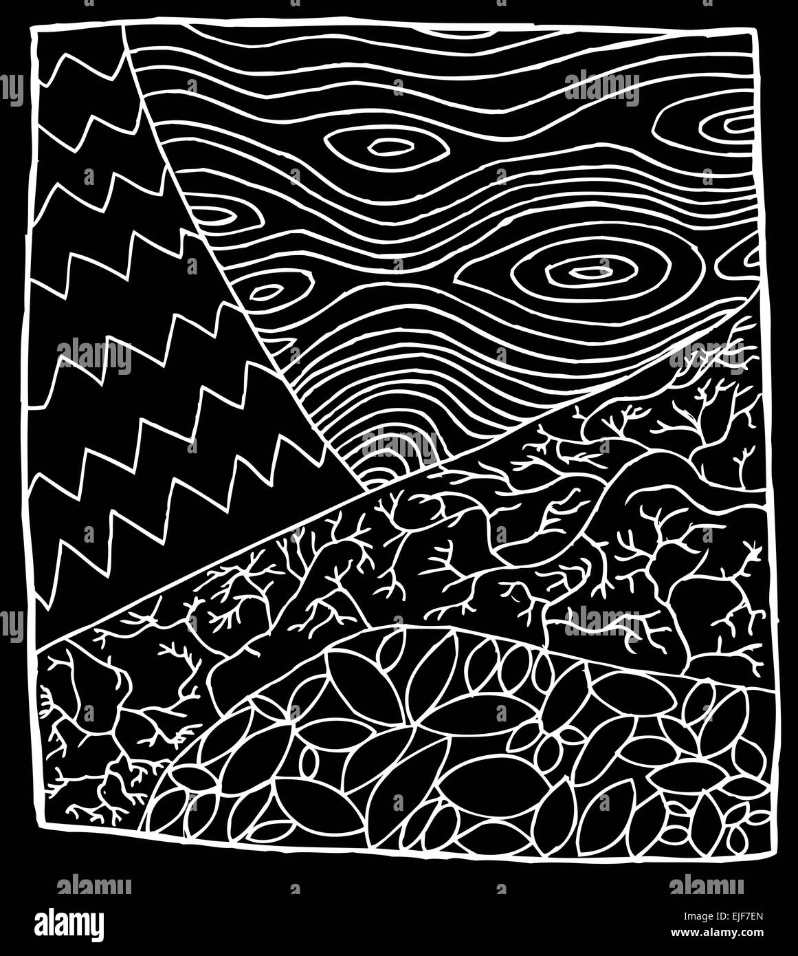 White outline zentangle of tree parts over black Stock Photo - Alamy