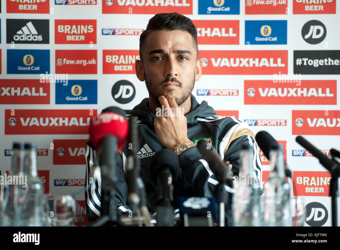 Cardiff, Wales, UK. 25th Mar, 2015. Neil Taylor speaking at the ...
