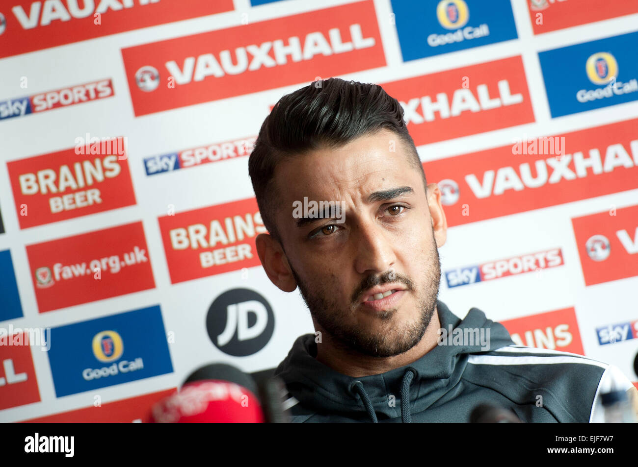 Cardiff, Wales, UK. 25th Mar, 2015. Neil Taylor speaking at the ...