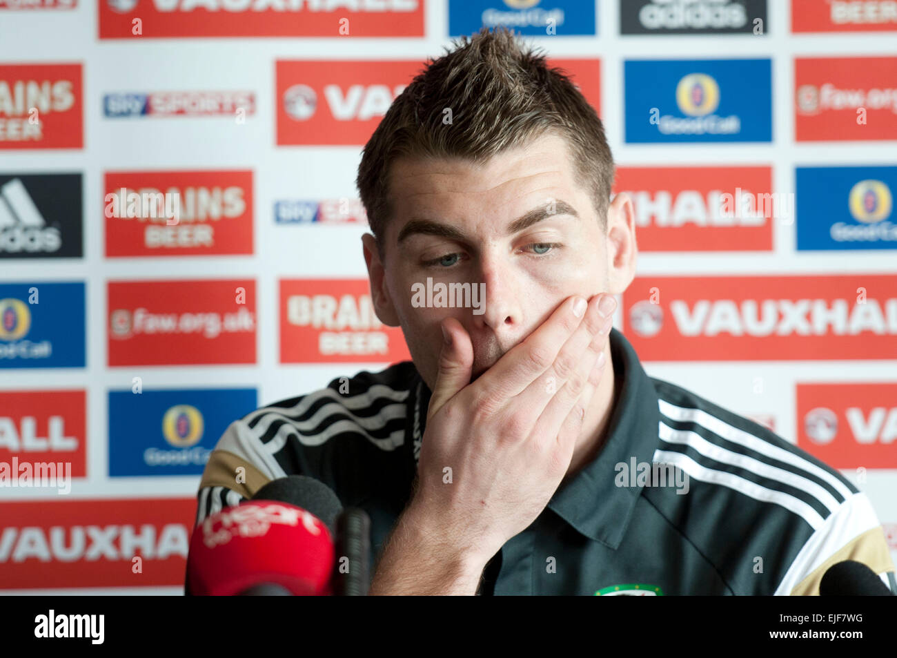 Cardiff, Wales, UK. 25th Mar, 2015. Sam Vokes speaking at the Football ...
