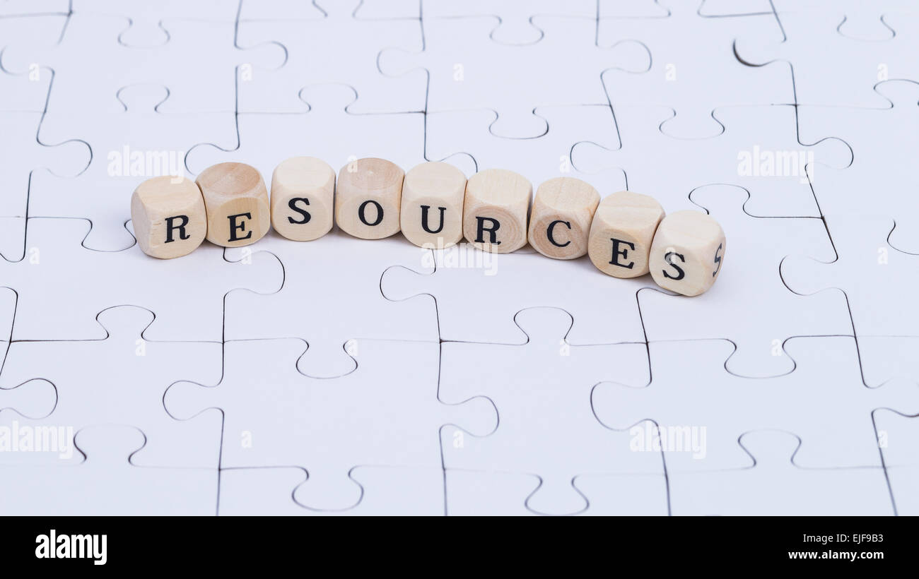 White puzzle with wooden letters "resources Stock Photo - Alamy